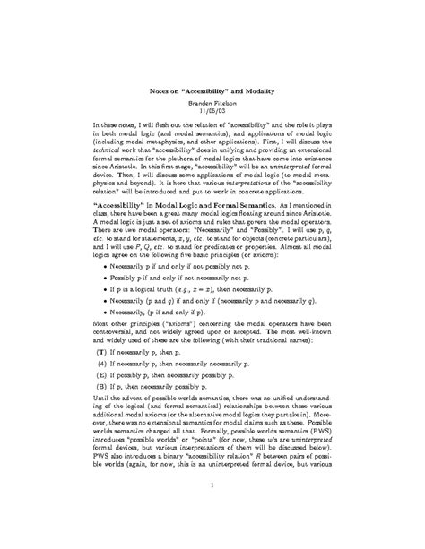“accessibility” And Modality Notes On “accessibility” And Modality Branden Fitelson 11 05 In