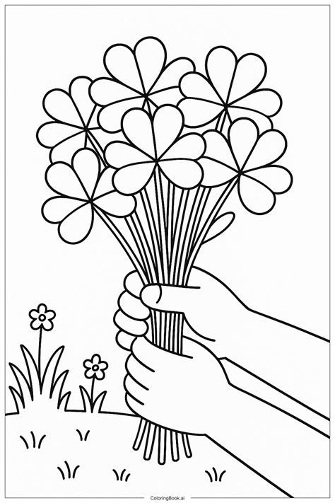 성인 한 명이 정교한 클로버 부케를 들고 있는 모습 색칠하기 페이지 무료 Pdfandpng 인쇄 가능