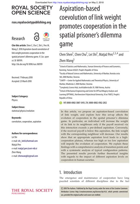 Pdf Aspiration Based Coevolution Of Link Weight Promotes Cooperation In The Spatial Prisoners