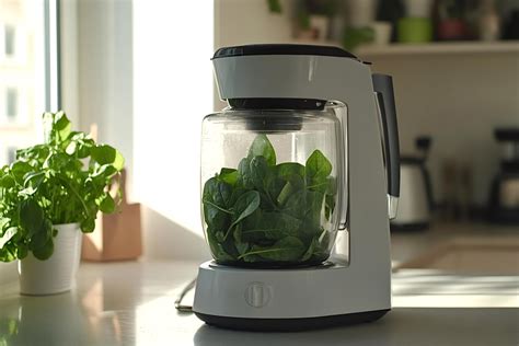 Modern Food Processor Preparing Green Spinach Smoothie In Kitchen