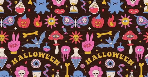 버섯 유령 호박 마법의 물약이 있는 다채로운 이음매 없는 패턴 그루비 히피 할로윈 레트로 60년대 70년대 스타일 배경 사이키델릭 섬유 직물 및 포장지 벡터
