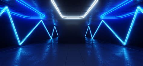 반사 방 네온 레이저 빛나는 푸른 흰색 Led 조명 화살표 모양 콘크리트 공상 과학 소설 미래 배경 빈 홀 차고 외계인 우주선 터널 3d 렌더링에 반영 배경 주제에 대한