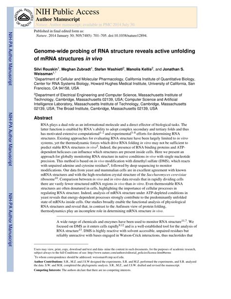 Pdf Genome Wide Probing Of Rna Structure Reveals Active Unfolding Of Mrna Structures In Vivo