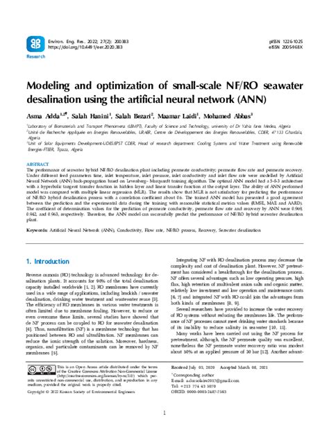 Pdf Modeling And Optimization Of Small Scale Nf Ro Seawater Desalination Using The Artificial