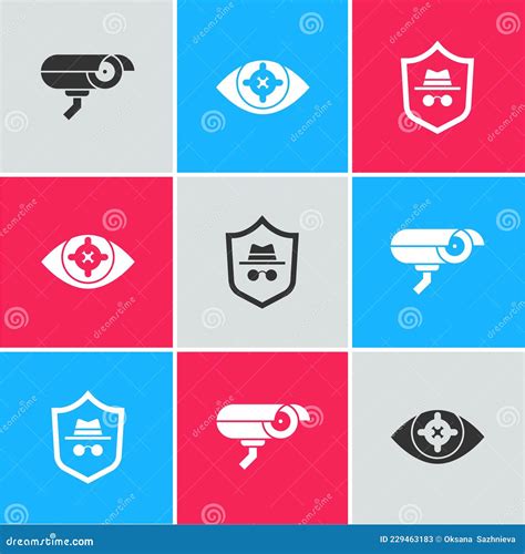 Set Security Camera Eye Scan And Incognito Mode Icon Vector Stock