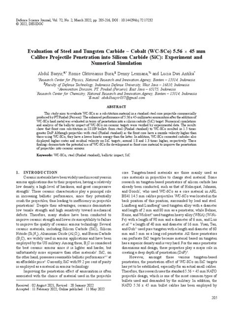 Evaluation Of Steel And Tungsten Carbide Cobalt Wc 8co 5 56 × 45 Mm Calibre Projectile