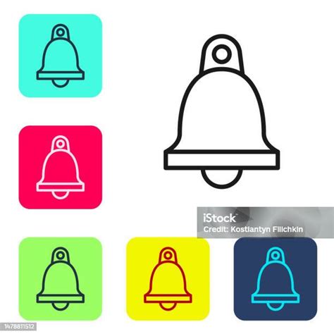 흰색 배경에 격리된 검은색 선 교회 종 아이콘 알람 기호 서비스 벨 핸드벨 기호 알림 기호 색상 사각형 버튼으로 아이콘을