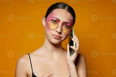Sexy Brunette Woman With Phone Pink Face Makeup Posing Attractive Look