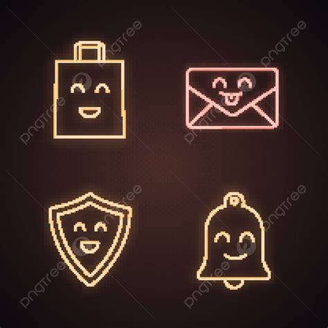Smiling Items Neon Light Icons Set Bright Shiny Feeling Vector Bright Shiny Feeling Png And