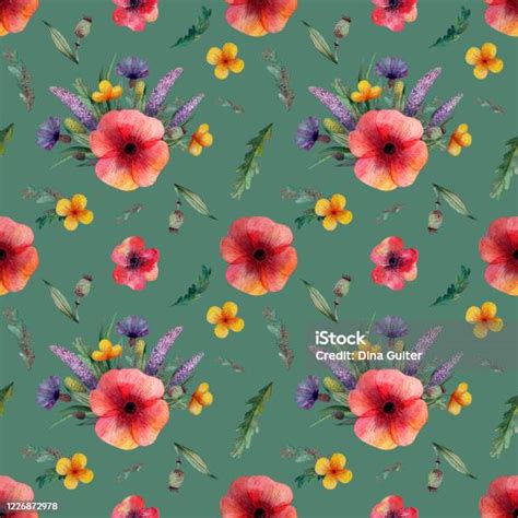 녹색 배경에 빨간 양귀비와 라일락 옥수수 꽃 노란색 꽃과 허브와 원활한 패턴 계절에 대한 스톡 벡터 아트 및 기타 이미지 계절 꽃 식물 노랑 Istock