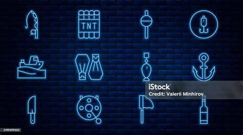 세트 라인 보드카 병 닻 낚시 플로트 수영 용 고무 오리발 물 위의 보트 막대 숟가락 및 다이너마이트 폭탄 스틱 아이콘을 폭발시킵니다 벡터 그물망에 대한 스톡 벡터 아트 및