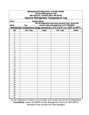 Ma Vaccine Refrigerator Temperature Log Blank Fillable Template