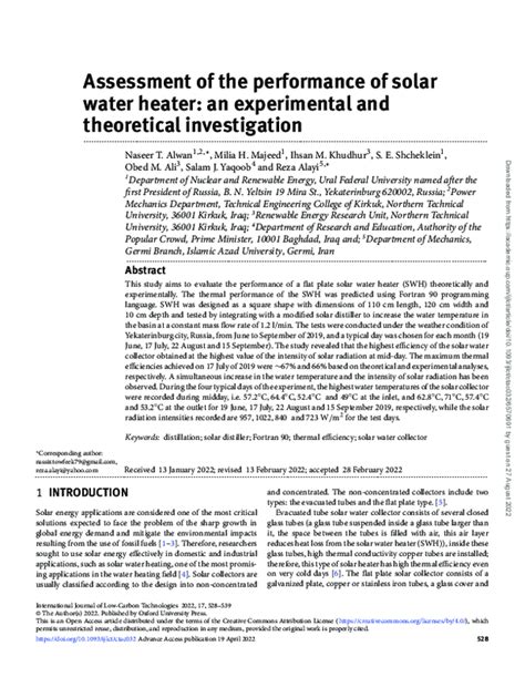 Pdf Assessment Of The Performance Of Solar Water Heater An Experimental And Theoretical