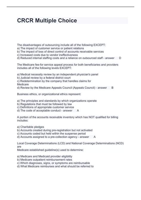 CRCR Multiple Choice Questions With Correct Answers 2024 CRCR Stuvia US