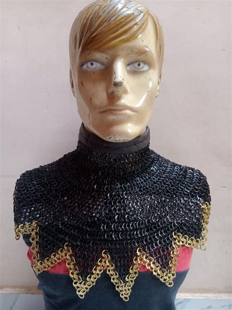 Black Maille Aventail With Brass Zig Zag Edges Viking Chainmail Neck Guard 9mm Flat Ring