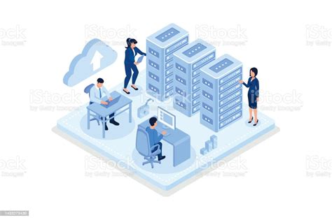 캐릭터는 제어판 근처에 머무르고 클라우드 웹 서버에서 파일과 데이터를 관리합니다 사이버 보안 기술 개념 아이소메트릭 벡터 모던 일러스트레이션을 이용한 웹 호스팅 서비스 3
