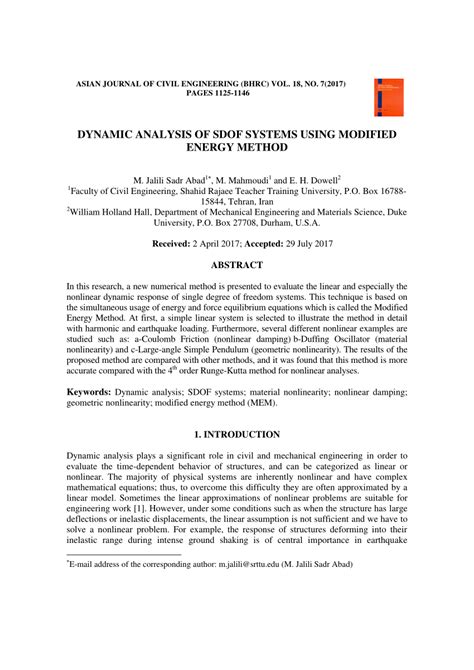 Pdf Dynamic Analysis Of Sdof Systems Using Modified Energy Method