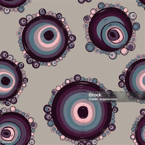 기하학적 매끄러운 패턴 완벽하게 다른 크기의 색상으로 중첩 원을 접촉 질감 점으로 채워진 원으로 반복 패턴 섬유 포장지 배너용 회색에 퍼풀 0명에 대한 스톡 벡터 아트 및