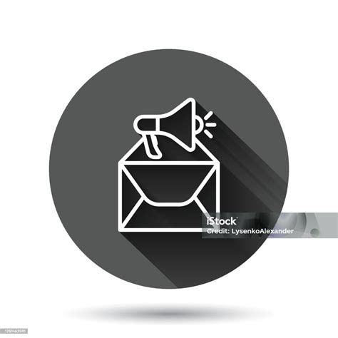 플랫 스타일로 알림 아이콘을 봉투에 봉투 긴 그림자 효과와 검은 둥근 배경에 스피커 벡터 그림과 이메일 메일 메시지 서클 버튼 비즈니스 개념을 받습니다 검은색에 대한 스톡