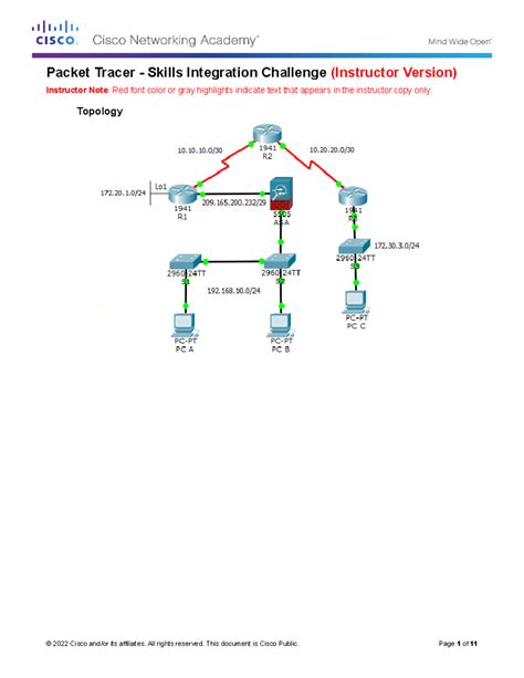 11 3 1 1 Packet Tracer Skills Integration Challenge Instructor Topology Addressing Table