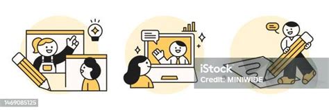 교육 개념 그림입니다 온라인으로 수업을 듣고 함께 공부하고 글을 쓰는 학생들 개념에 대한 스톡 벡터 아트 및 기타 이미지 개념 개발 검은색 Istock