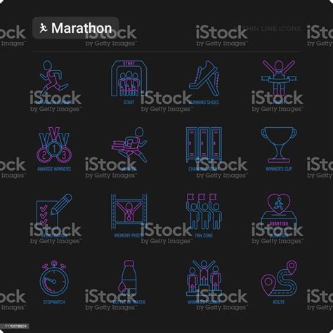 마라톤 얇은 라인 아이콘 세트 주자 시작 마무리 운동화 물 병 경로 수상 탈의실 메모리 사진 기부 팬 존 벡터 그림입니다 1위에 대한 스톡 벡터 아트 및 기타 이미지
