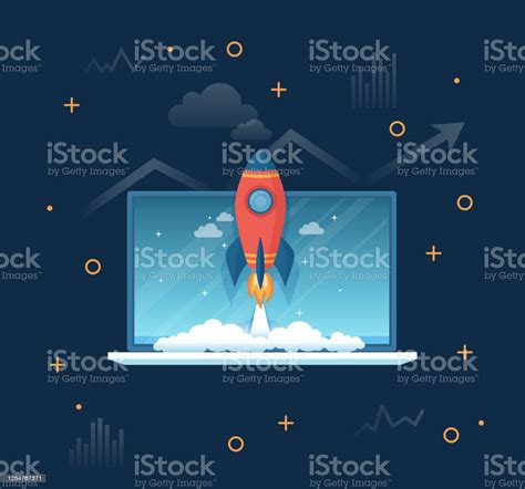 비즈니스 프로젝트 시작 재무 계획 아이디어 전략 관리 실현 및 성공 어두운 하늘에 노트북 화면에서 로켓 발사 벡터 일러스트레이션