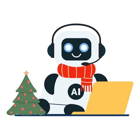 Cute Chat Bot Robot With Yellow Laptop With A Christmas Tree And A Red Scarf 51967976 Vector Art