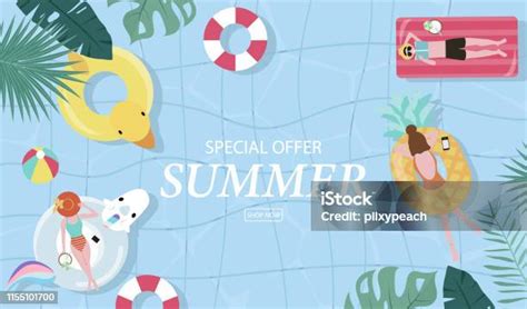 작은 사람 우산 공 상단 보기 풀에 떠 있는 여름 판매 배경 벡터 여름 배너 하이 앵글에 대한 스톡 벡터 아트 및 기타 이미지 하이 앵글 남자 수영장 플로트 Istock