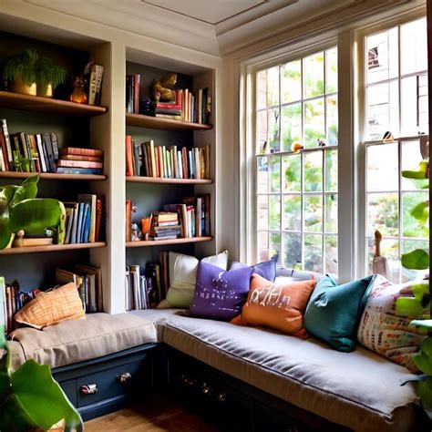 Cozy Reading Nook With A Window Seat And Builtin Bookshelves Premium