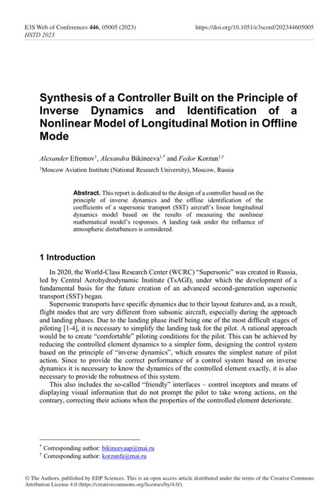 Pdf Synthesis Of A Controller Built On The Principle Of Inverse Dynamics And Identification Of