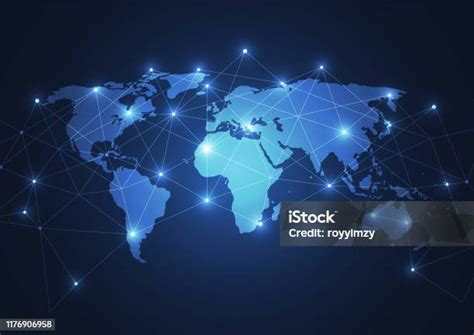 글로벌 네트워크 연결 글로벌 비즈니스의 세계지도 지점 및 라인 구성 개념 벡터 일러스트레이션 3차원 형태에 대한 스톡 벡터 아트