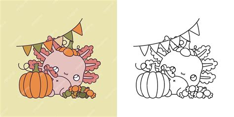 Kawaii 클립 아트 할로윈 Axolotl 그림 및 색칠 페이지 재미있는 할로윈 도롱뇽 프리미엄 벡터