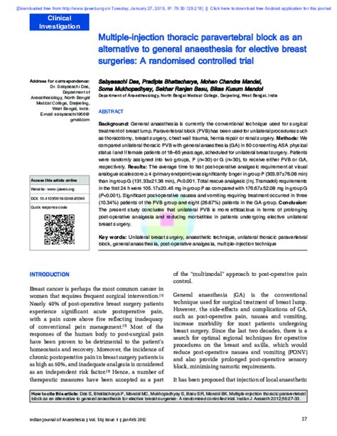 Pdf Multiple Injection Thoracic Paravertebral Block As An Alternative To General Anaesthesia