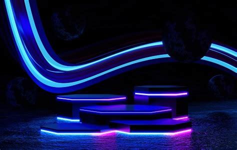 연단 배경 무대 플랫폼 빛나는 네온으로 제품 프레젠테이션 및 모형 깔끔한 디자인의 미니멀한 장면 배경 모형을 위한 빈 받침대 화장품을위한 빈 무대 3d 렌더링 0명에 대한