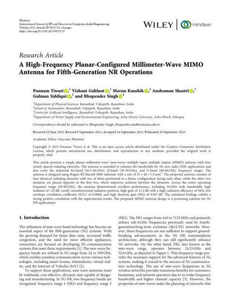 Research Article A High Frequency Planar Configured Millimeter Wave Mimo Antenna For Fifth