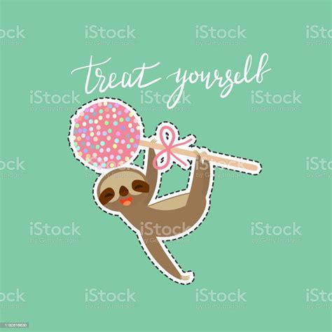 자신을 치료 카드 배너 템플릿 손으로 그린 서예 녹색 배경에 밝은 분홍색 케이크 팝 재미 있고 귀여운 미소 세 개의 토 나무늘보