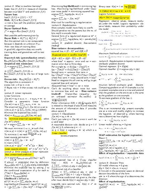 Ml Cheat Sheet Summary Machine Learning Lecture 2 What Is Machine