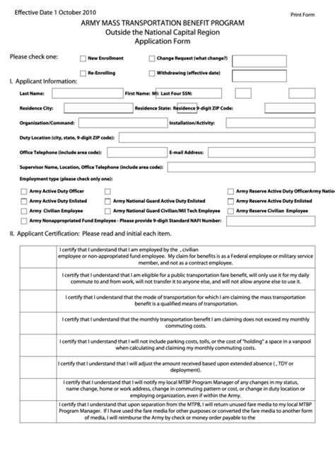 Fillable Army Mass Transportation Benefit Program Application Form Printable Pdf Download