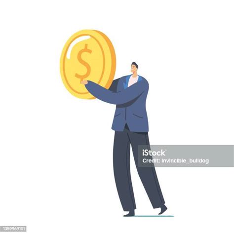 거대한 금화를 들고 성공적인 작은 비즈니스 맨 돈 현금 문자 저축 이익을 만드는 풍부한 사업가 가공의 인물에 대한 스톡 벡터 아트 및 기타 이미지 Istock