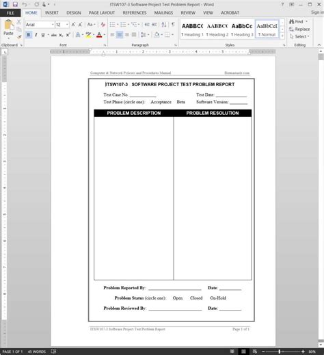 Software Project Test Problem Report Template Itsw107 3 With Weekly Test Report Template