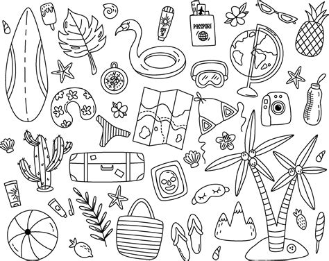 Beach Outline Stuff For Summer Travel Set Vacation Line Accessories