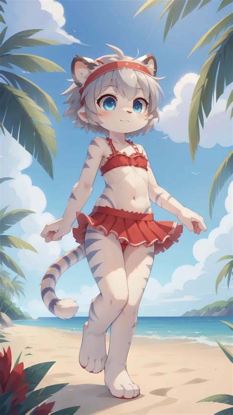 A Cat Girl In A Bikini And A Red Skirt Walking On The Beach Seaart Ai