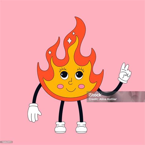 눈과 복고풍 스타일의 귀여운 만화 불꽃 캐릭터 히피 환각 그루브 복고풍과 빈티지 스타일 벡터 일러스트레이션 1960 1969 년에 대한 스톡 벡터 아트 및 기타 이미지