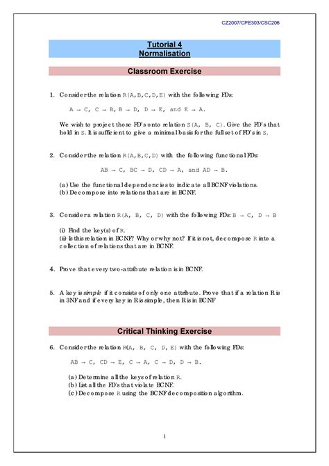 Tutorial 4 Normalisation CZ2007 CPE303 CSC206 Tutorial 4 Normalisation Classroom Exercise 1