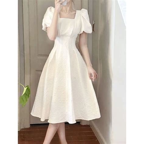 พร้อมส่ง🔥 ชุดเดรสสีขาว แขนพัฟ กระโปรงยาวสวิงขนาดใหญ่ คอเหลี่ยม เอว Thin Jacquard Dress Shopee