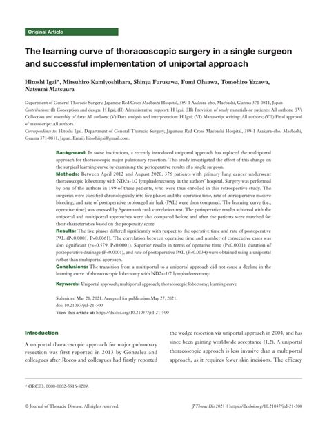 Pdf The Learning Curve Of Thoracoscopic Surgery In A Single Surgeon And Successful