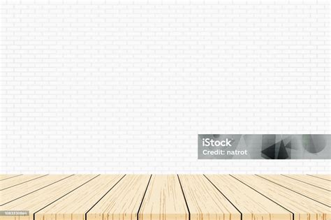 나무 테이블 백색 벽돌 벽 배경 템플릿 제품의 디스플레이 대 한 모의 가기 빈 벡터 일러스트 Eps 10 0명에 대한 스톡 벡터 아트 및 기타 이미지 Istock