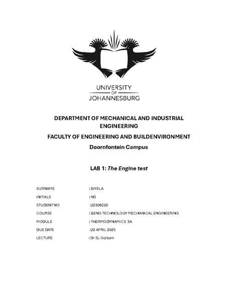 Lab 1 Engine Testing Report For Beng Technology Mech Eng 223062240