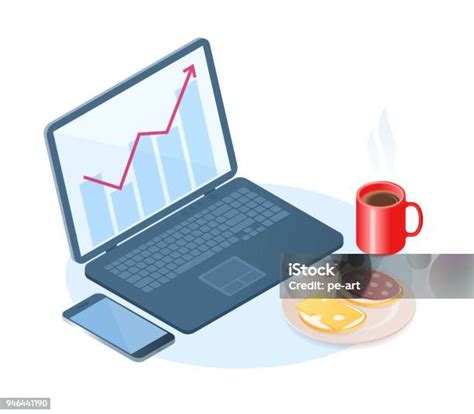 평면 벡터의 사무실 아침 아이소메트릭 개념 그림입니다 데스크탑 컴퓨터에 대한 스톡 벡터 아트 및 기타 이미지 데스크탑 컴퓨터 점심 3차원 형태 Istock